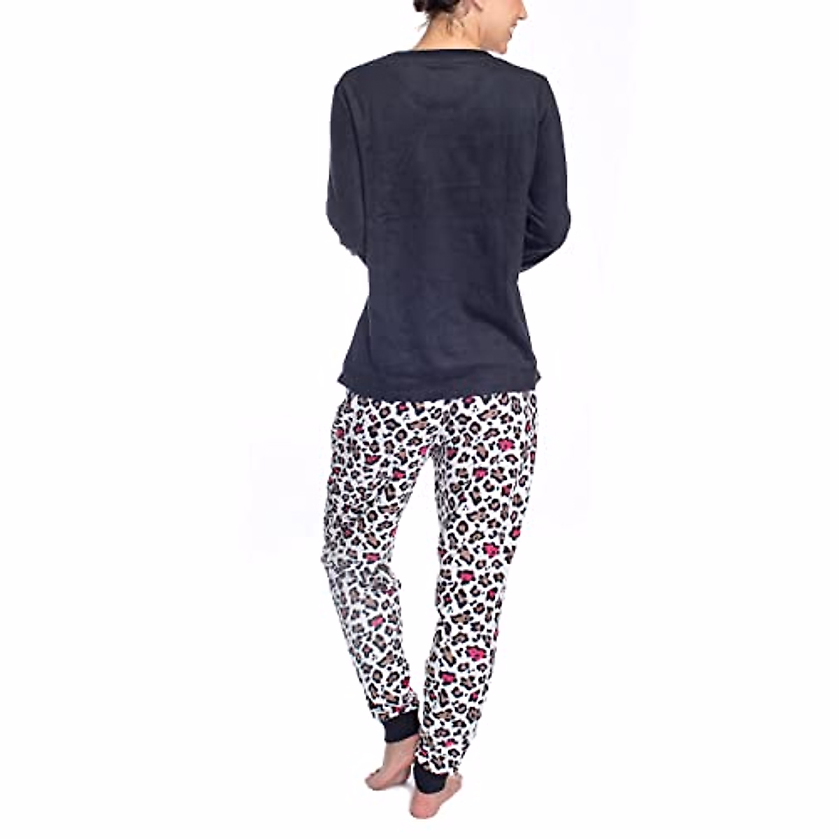 Hanes Women's Cozy Up Jogger 2 Piece Set Top and Jogger Pajamas, Black/Leopard, X-Large