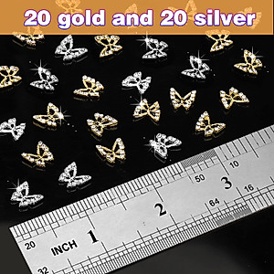 Juome Nail Charms, 40 Pcs Butterfly Nail Charms 3D Butterflies Shape Charms for Nails Gems, Nail Art Decorations Supplies (20Pcs Gold, 20Pcs Silver)