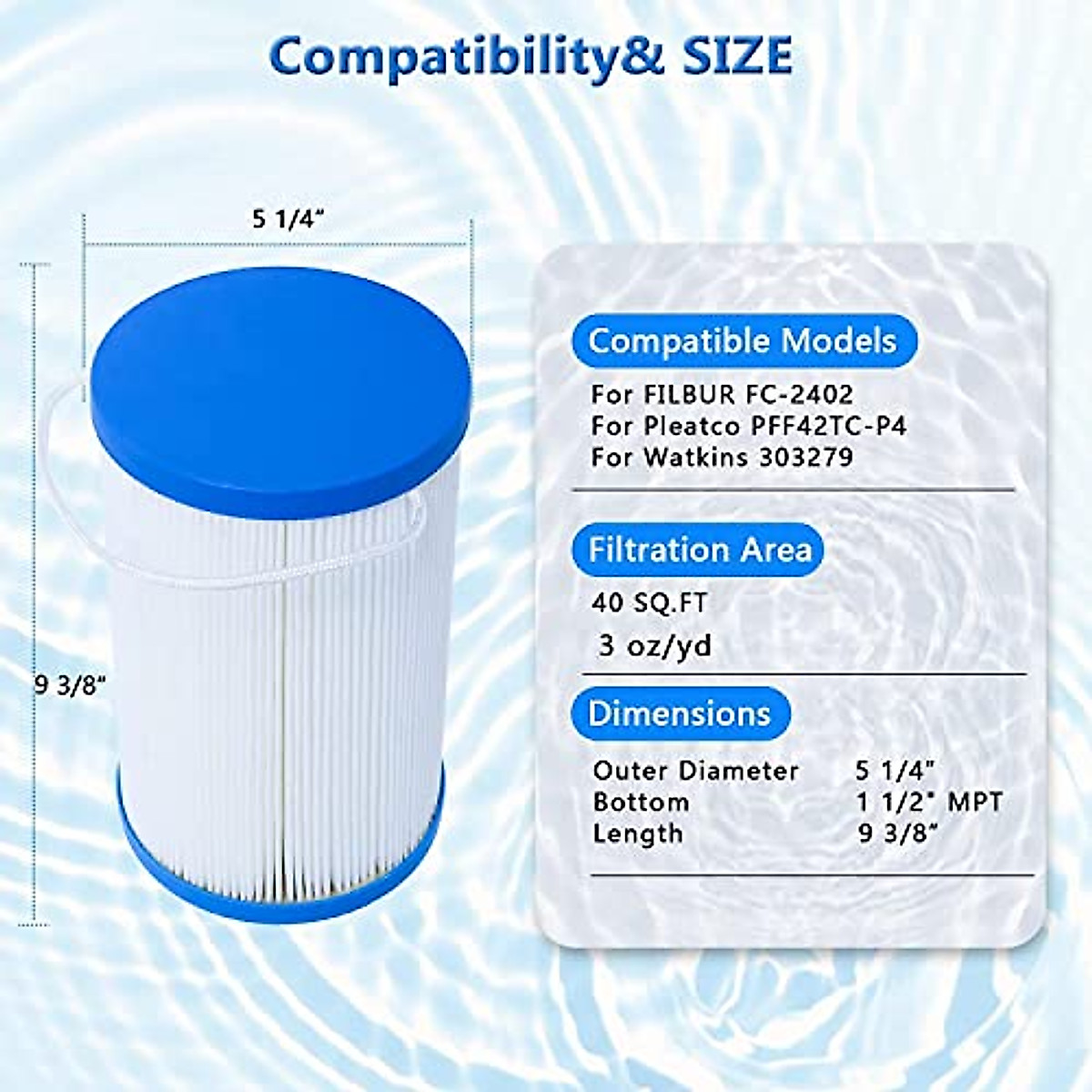303279 Spa Filter Compatible with Watkins 𝟯𝟬𝟯𝟮𝟳𝟵, 𝗙𝗖-𝟮𝟰𝟬𝟮, PFF42TC-P4, 78460, SD-01322, 5CH-37, LSX1057 Free Flow and Lifesmart Hot Tub Filter, 1 1/2" MPT Finer Thread Spa Filter - 2 Packs