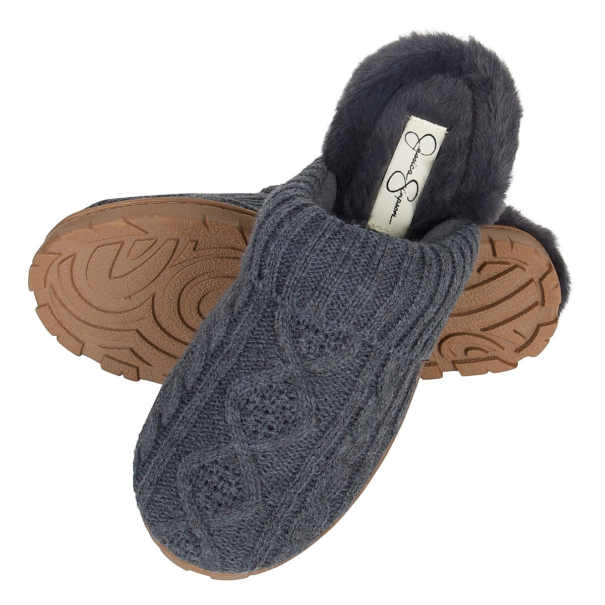 Jessica Simpson Womens Soft Cable Knit Slippers with Indoor/Outdoor Sole, Charcoal, XL