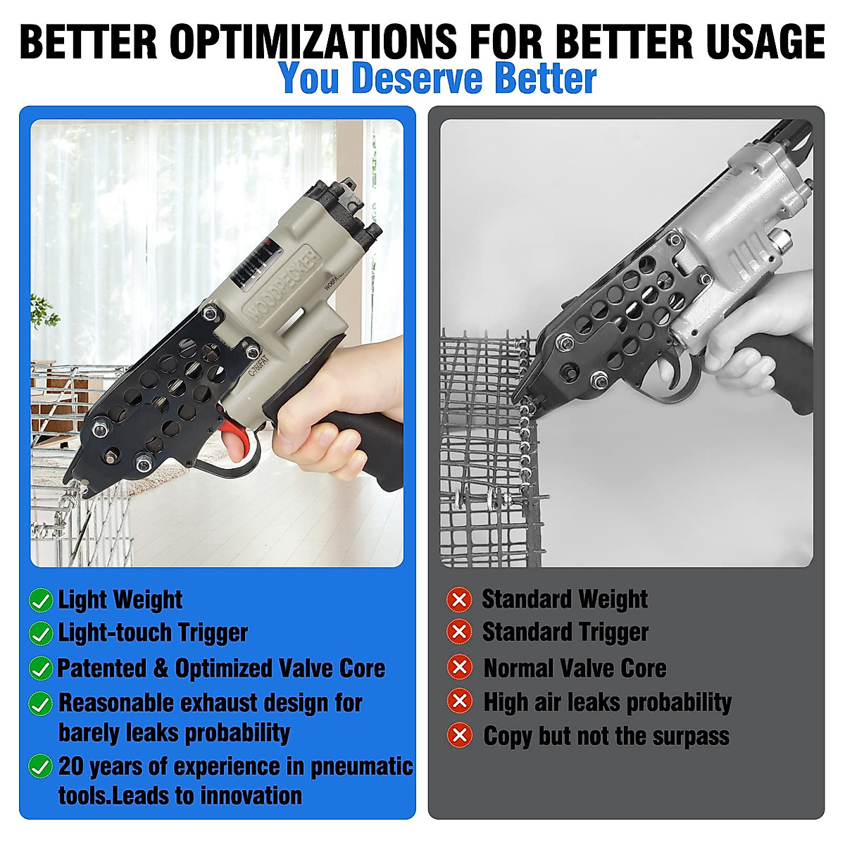 WOODPECKER C-760FA 16 Guage Pneumatic Hog Ring Gun, Standard 3.0mm Closure Diameter, 1/2-Inch Crown Hog Ring Staples, Power Hog Ring Gun Air Hog Ring Plier Tool for Wire Cages, Seat Making, Fencing