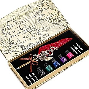NC Feather Calligraphy Set, Quill Pen Ink Set Includes 5 Bottles of Ink and 6 Replaceable Stainless Steel Nibs, Calligraphy Pen for Writing, Writing Letters, Signing Invitations Etc (Red)