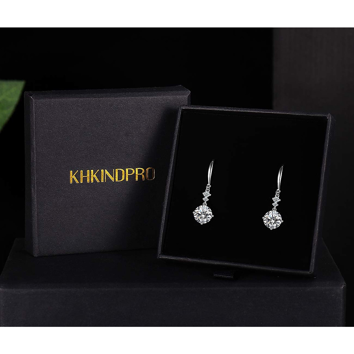 Drop Dangle Earrings 925 Sterling Silver Hook with 9MM 2.75ct CZ and 2pcs Small Cubic Zirconia Design 14K White Gold Plated Hypoallergenic Gorgeous Gift for Women and Girls (White gold)