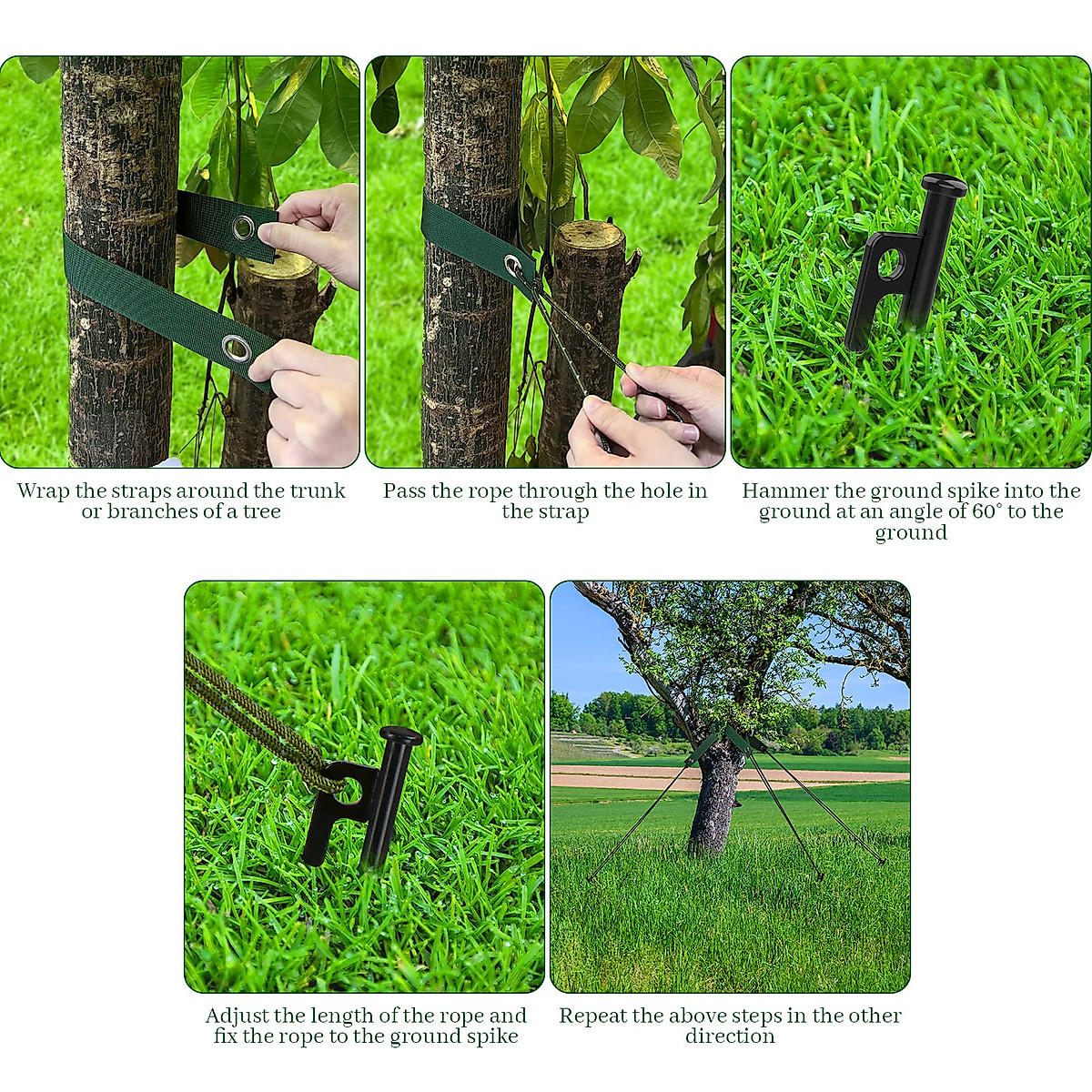 Tree Stakes - Heavy Duty Steel Tree Stake Straightening Kit, Tree Stakes and Supports for Young Trees, Include 6 PCS Steel Tree Stake, Tree Straps & Rope Black