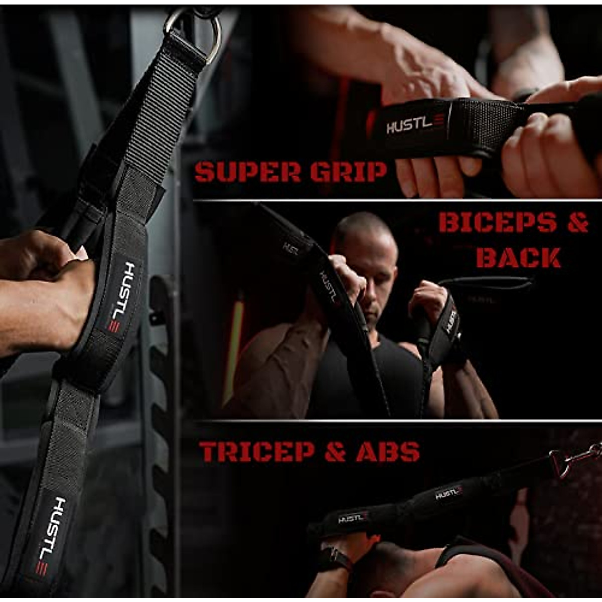 Hustle Athletics Tricep Rope Cable Attachments for Gym Use - Perfect Gym Equipment for Home/Gym Accessories - Multi Workout Rope Cable Machine Attachment -Best Gym Rope Grip with 4 Anti-Slip Handles