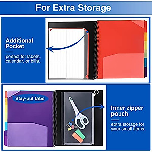 12 Pocket Project Organizer, Forvencer 1/6-cut Tab Binder Organizer with Sticky Labels, Multi Pocket Folder with Zipper Pouch, Folder Binder Spiral Pocket Organizer Folder Notebook, Letter Size, Black