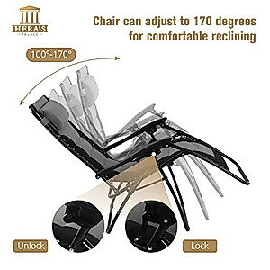 HERA'S PALACE Outdoor Folding Reclining Lawn Chair, Adjustable Zero Gravity Lounge Chair XL with Pillow and Cup Holder for Indoor, Patio, Support 300lbs (Gray & Black)