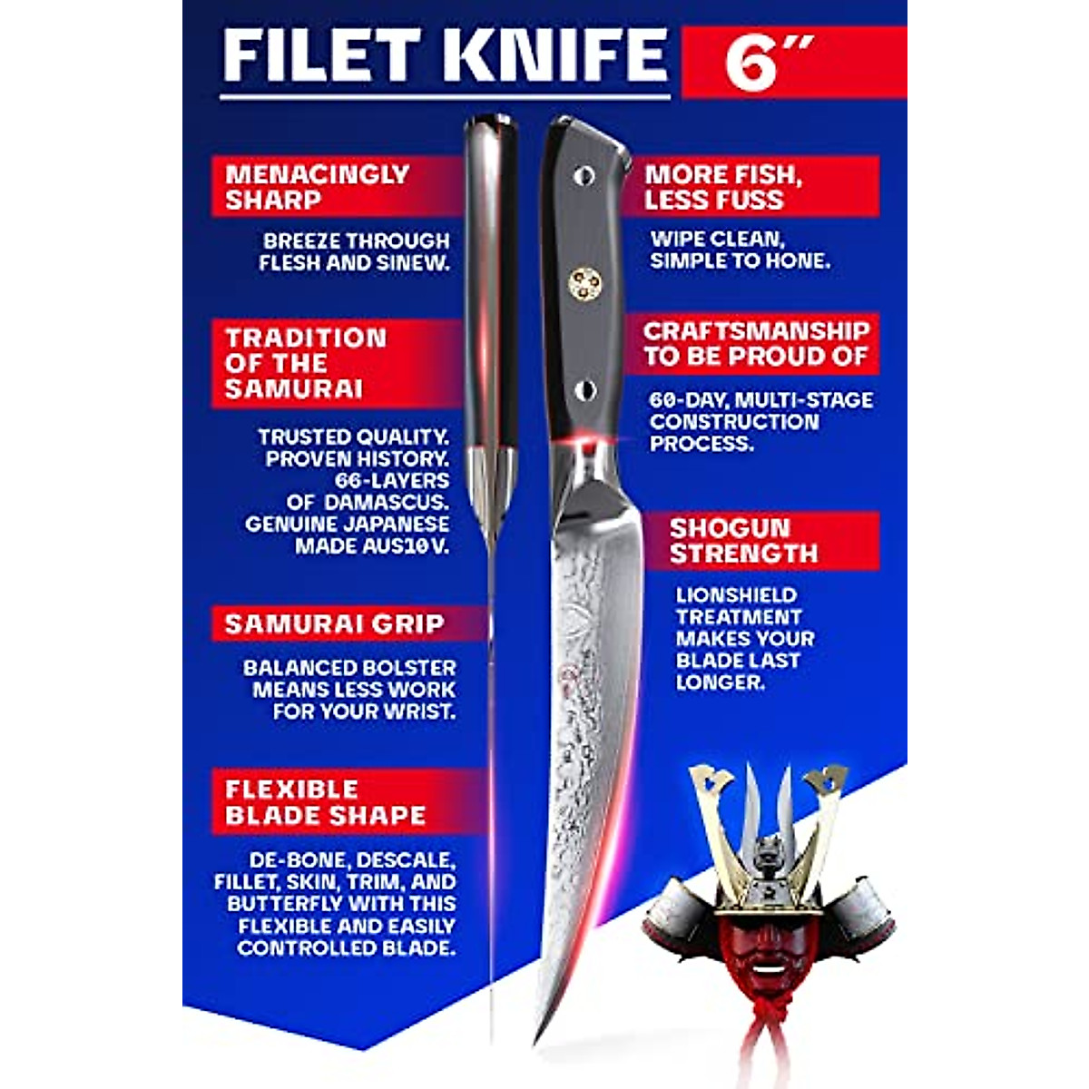 Dalstrong Fillet Knife - 6 inch - Shogun Series ELITE - Damascus - AUS-10V Japanese Super Steel - Boning Knife - Meat Cutting, Carving, Bone, Trimming, Deboning - Black G10 Handle - Sheath Included