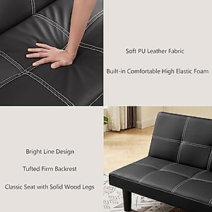 Modern Leather Sofa Bed Futon with Chrome Legs Convertible Folding Sofa Bed for Compact Living Spaces Apartments Dorms Black