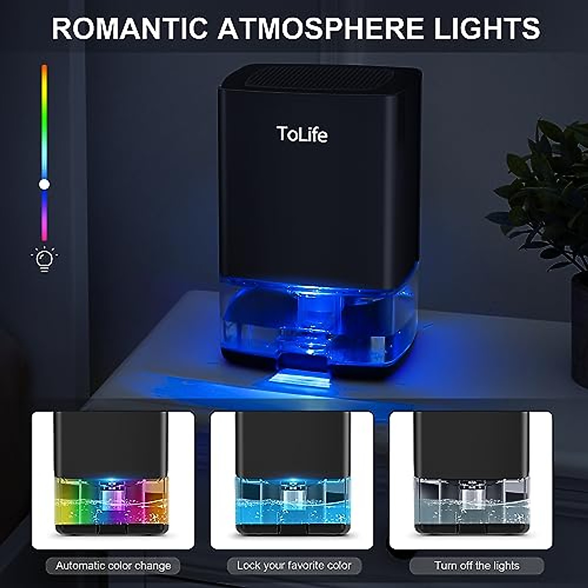 ToLife Dehumidifiers for Home 30 OZ Water Tank with Auto-Off 500 sq.ft Portable Small Dehumidifier for Bathroom Bedroom RV Closet Room 7 Colors LED Light, Black