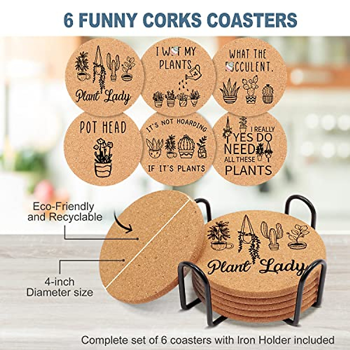 Homento Funny Plant Coasters for Drinks Absorbent with Holder-Plant Gifts for Plant Lovers Women,Funny Succulent Gifts for Gardeners,Crazy Plant Lady Gift,Plant Cork Coasters with Cork Base,Set of 6