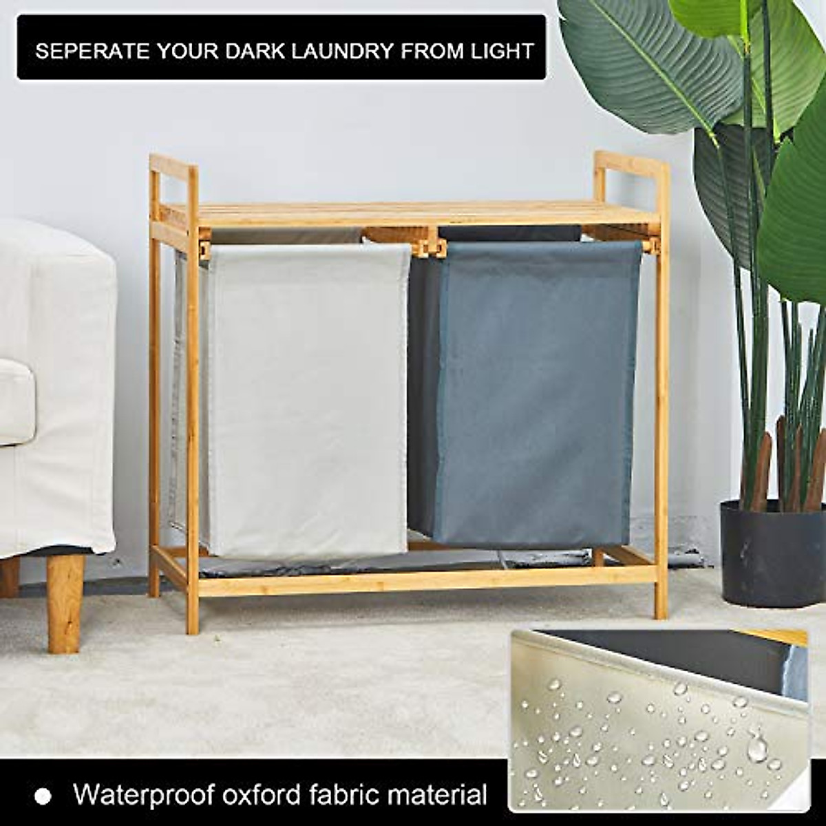 WORTHYEAH Bamboo Laundry Hamper and Shelf, Dual Compartments Laundry Basket with Removable Bag, 2 Sections Laundry Organizer and Storage, Wooden Bamboo Laundry Sorter