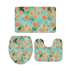 Bath Rugs for Bathroom Set 3 Piece Abstract Diamond Polka Dot on Green Gradient Non-Slip Washable Memory Foam Absorbent Bath Mat Rugs for Tub Shower,U-Shaped Toilet Floor Mats,Toilet Lid Cover