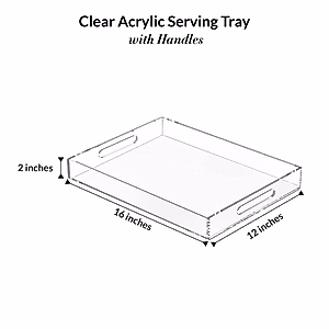 Rectangle Coffee Table Tray - Clear Acrylic Tray with Handles 16 x 12 x 2 - Rectangle Tray for Serving Food, Coffee, Organizing Bathroom Accessories, Makeup, Perfume, Ottoman, Eating in Bed Tray