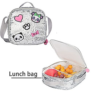 JSMNIAI Girls Rolling Backpack Sequin Panda Rolling Wheels Backpacks for Elementary Preschool Roller Luggage with Lunch Box