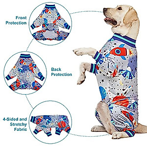 LovinPet Large Dog Wound Care/Surgery Recovery Clothes, Large Dog Pajamas, Lightweight Stretchy Jersey Knit, Galaxy World Gray Print, Big Dog Jammies,UV Protection,Large Breed Dog Onesie, Pet PJ's/XL