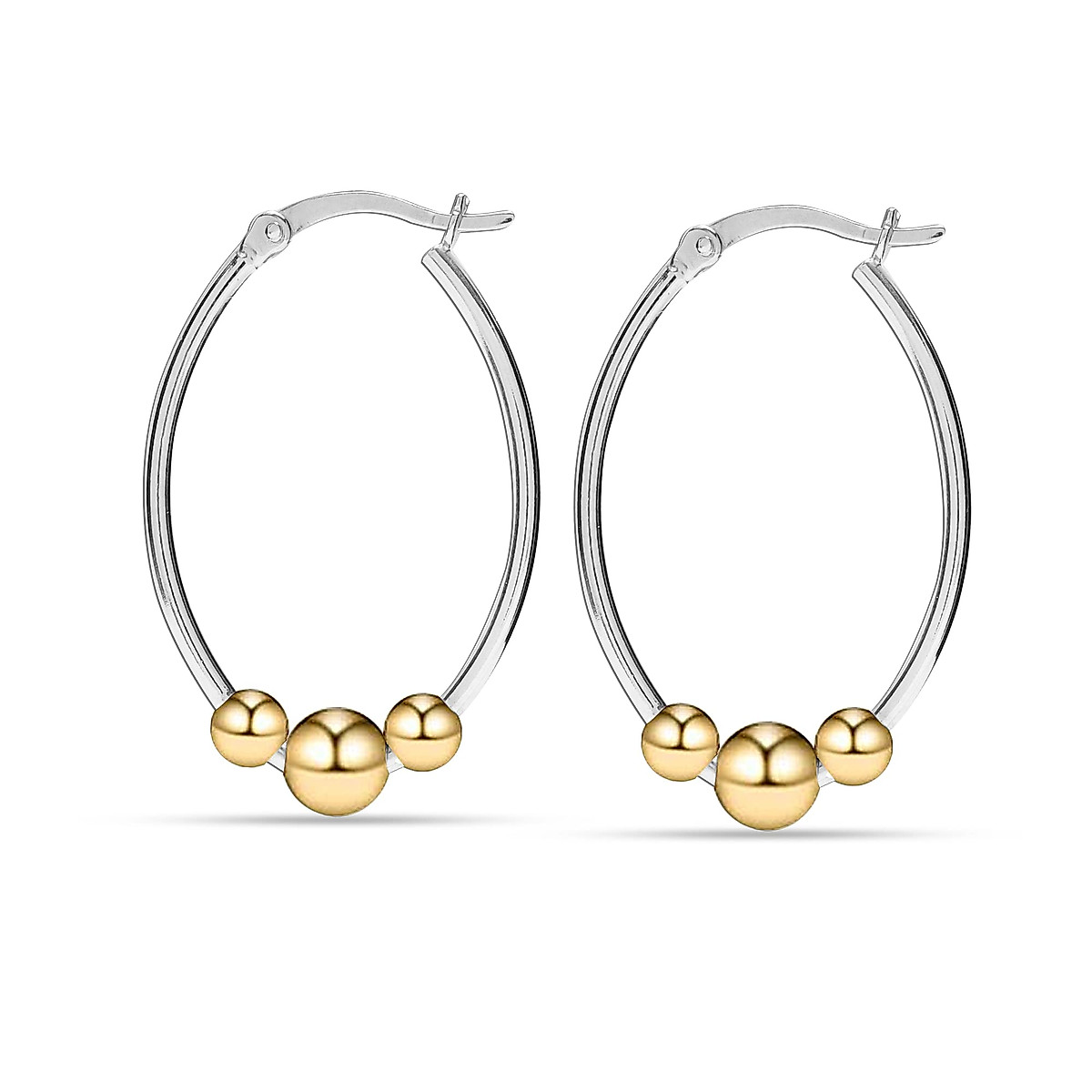 LeCalla 925 Sterling Silver Hoop Earrings Lightweight Oval 14K Gold-Plated Two-Tone Earring Hoops Jewelry Bead Ball Hoops Earring for Women