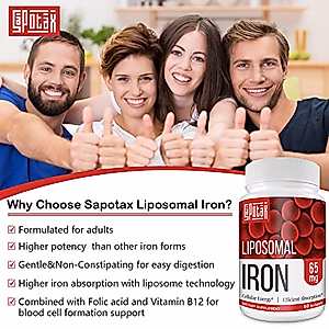 Liposomal Fe Iron Supplement for Women,65 mg Iron Supplements with Folic Acid & Vitamin B12 for Men,Red Blood Cell Production,Energy Support for Adults Iron Deficiency 60 Softgels(1 Bottle)