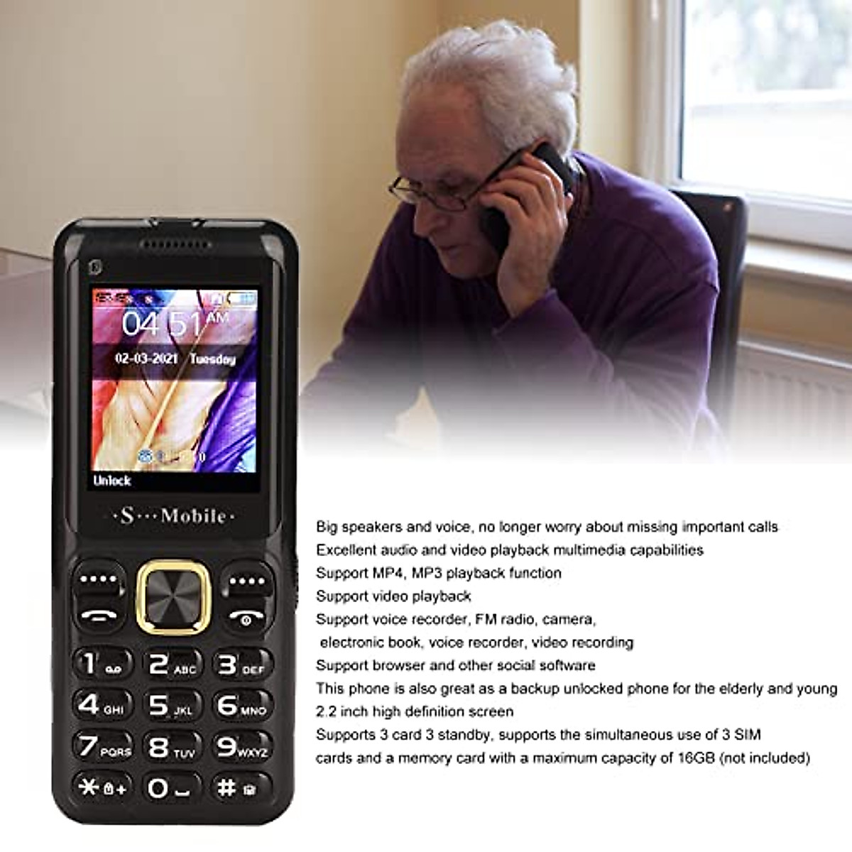 Zyyini Unlocked Mobile Phone, W23 Large Button Large Font 2G Calling Mobile Phone for Seniors, 3 Card 3 Standby, Large Loud Volume, One Button Flashlight, Long Standby(Blue)