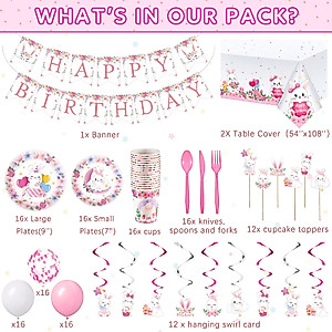 153 Pcs Easter Bunny Birthday Party Decorations Kit with Bunny Birthday Banner, Swirl, Latex Balloons, Cupcake Toppers, Paper Plate Cups Disposable Spoon for Rabbit Themed Girl Birthday Party Supplies