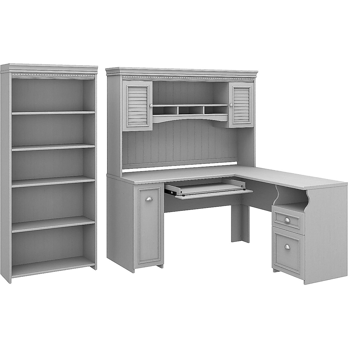 Bush Business Furniture Fairview L Shaped Desk with Hutch and 5 Shelf Bookcase, 60W, Cape Cod Gray