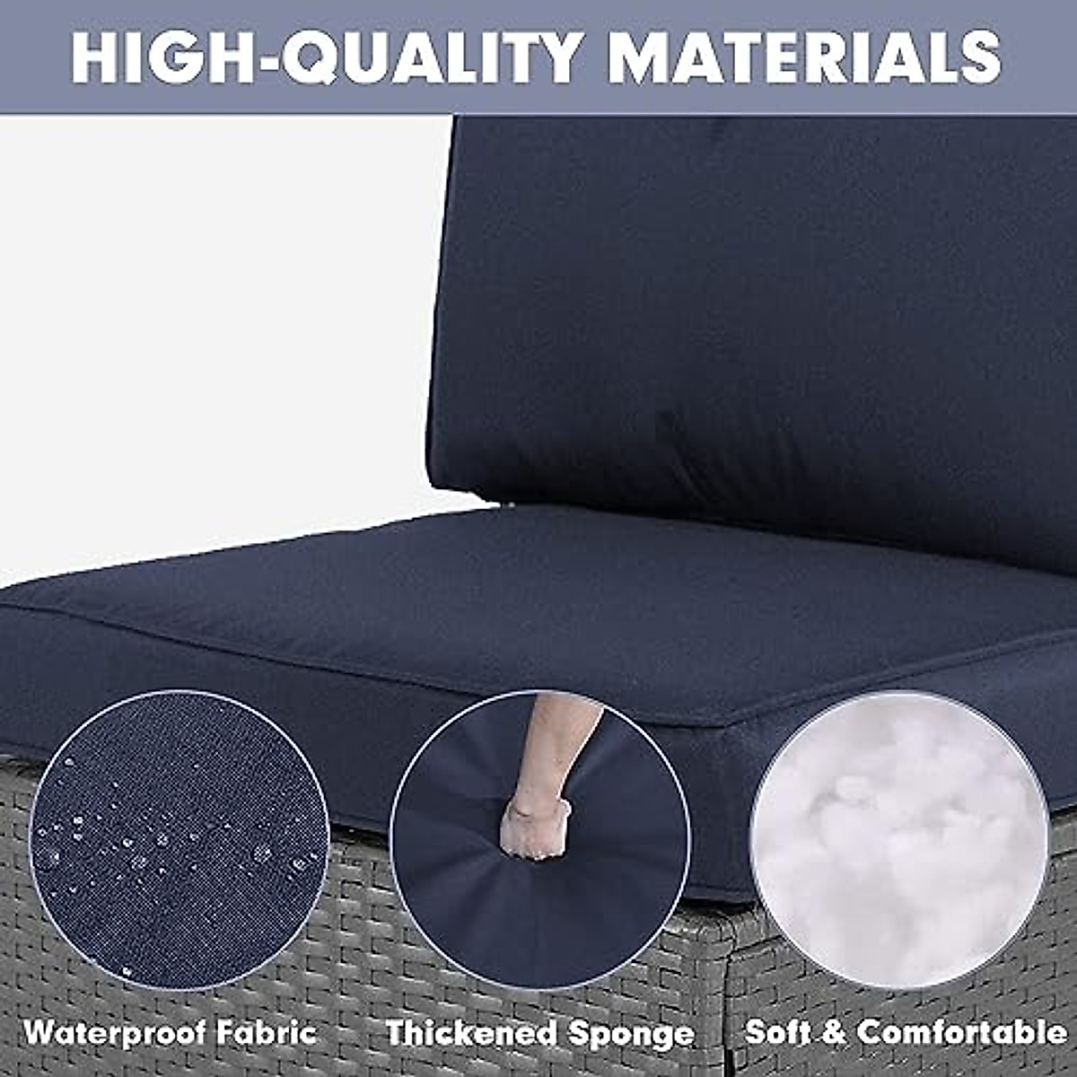 Betterland 7 Piece Outdoor Sectional Sofa Patio Furniture Set, All-Weather PE Grey Wicker Patio Conversation Set with Washable Cushion and Glass Table,Outdoor Propane Heater(Dark Blue Cushions)