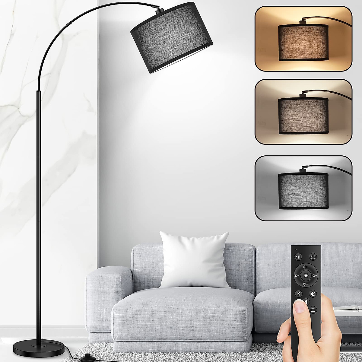 Arc Floor Lamps for Living Room, Modern Remote Control Standing Lamp with Stepless Dimmable, Black Tall Lamp with Black Drum Shade, Over Couch Arched Reading Light for Bedroom, Office(Bulb Included)