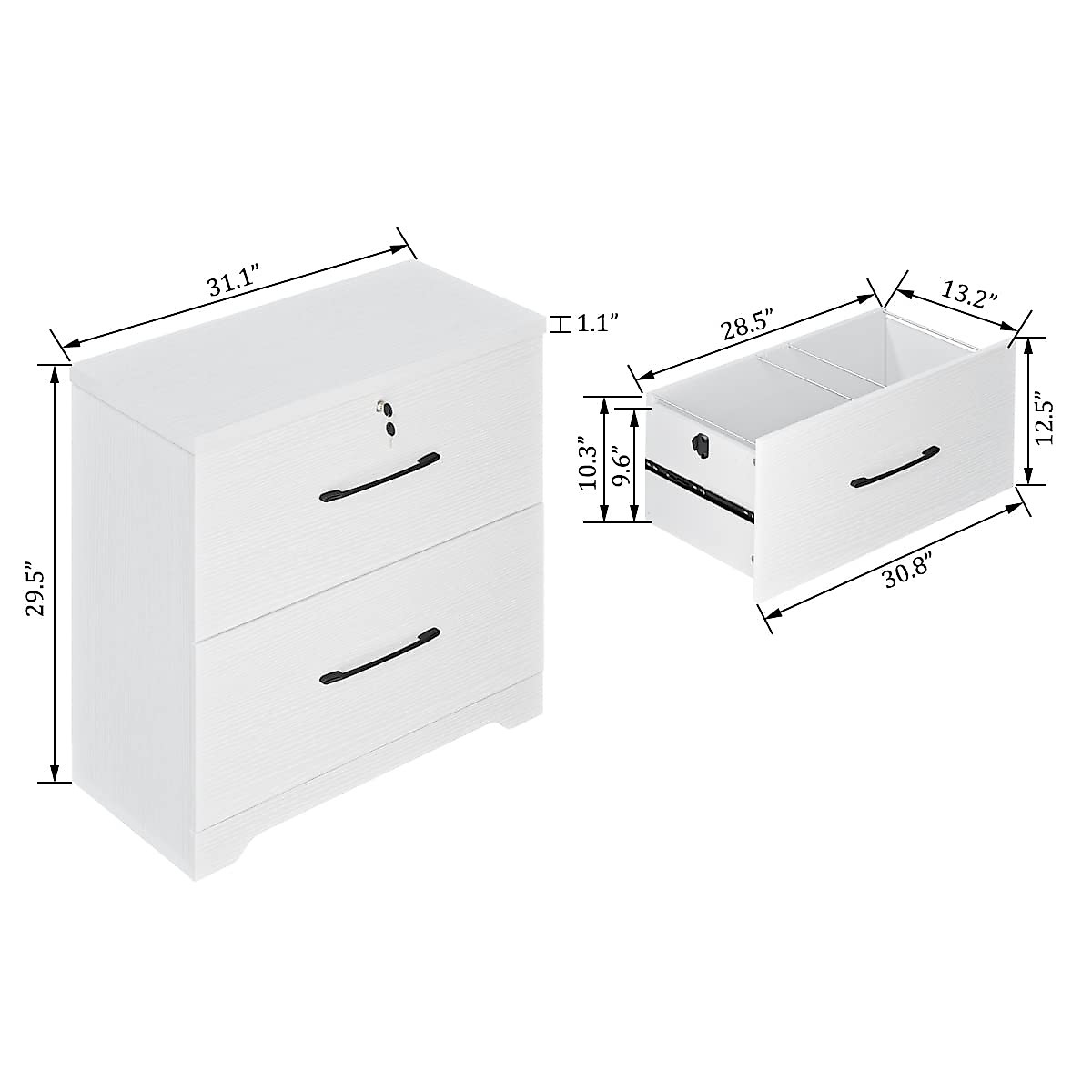2 Drawer Wood Lateral File Cabinet with Lock, Home Office Storage Filing Cabinet with Anti-Tilt Mechanism with 8 Hanging Bars for Letter/Legal Size Heightened Drawer Side (White)