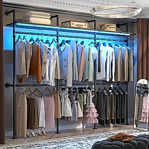 Aheaplus Industrial Pipe Clothing Rack, Reversible 118.3'' Clothes Rack for Hanging Clothes, Heavy Duty Garment Rack Closet Wardrobe Rack with LED Lights& Shelves, Walk-in Closet System, Black Oak