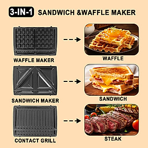 Electric Waffle Maker With Removable Plates Non-Stick Waffle Sandwich Maker