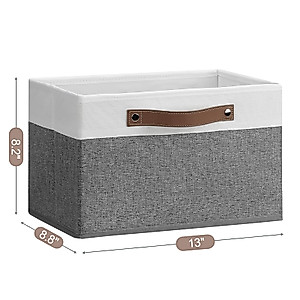 LOVSTORAGE Storage Boxes, 3 Pack Fabric Collapsible Storage Organizer Container with Leather Handle, 13 x 9 x 8 inch Rectangular Storage Bins Baskets for Shelves Home Nursery, White/Grey