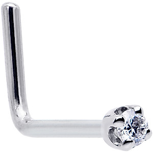 Body Candy Solid 14k White Gold 1.5mm (0.015 cttw) Genuine Diamond L Shaped Nose Stud Ring 20 Gauge 1/4"