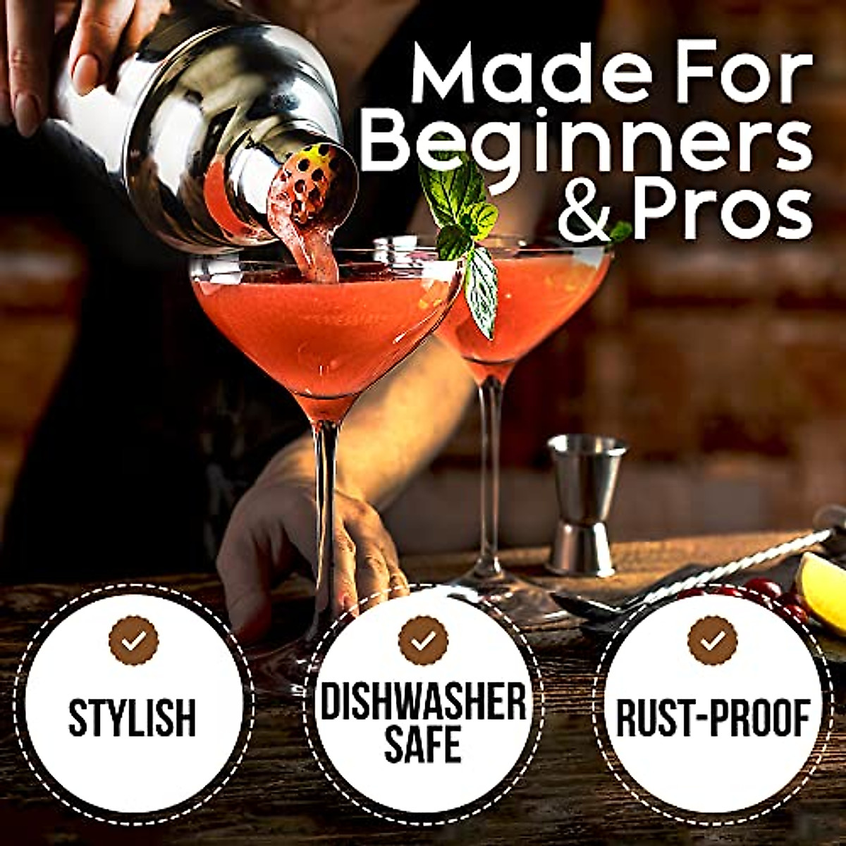 24oz Cocktail Shaker Set with Bar Accessories for Home Bar Shaker Set - Martini Shaker, Jigger, Drink Shaker Mixer Spoon - Alcohol Shaker Bartender Gift - Bartending Kit Essential for Home - Cresimo