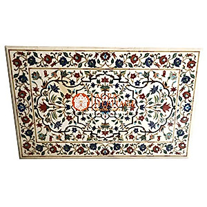 Large White Marble Dining Table Top Multi Inlay Lapis Carnelian Floral Art Outdoor Decor | 32"x51" Inches