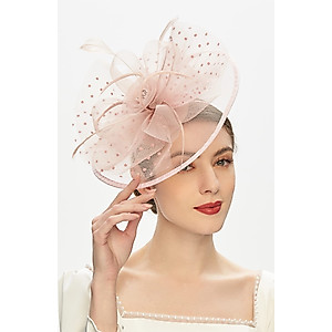 Fascinators Hats for Womens 50s Headwear with Veil Flower Cocktail Wedding Tea Party Church Derby Hat(3-blush pink)