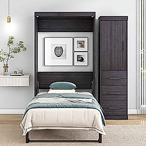 ATY Twin Size Murphy Bed with Wardrobe and Drawers, Wood Storage Bedframe Can be Folded into a Cabinet, Bedroom Furniture, Save Space Design, No Box Spring Required, Gray