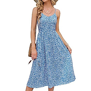 YATHON Boho Sleeveless Casual Midi Summer Dress V Neck Elastic Waist Floral Print Boho Midi Swing Homecoming Party Long Dresses (YT202-Blue W Pattern 01,S)