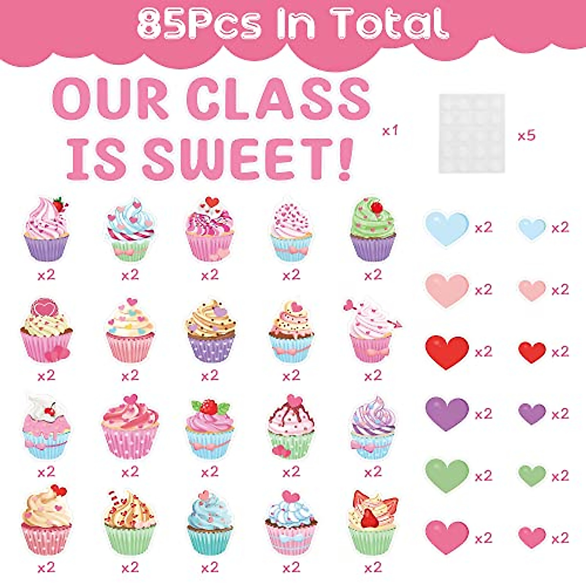 85Pcs Valentine's Day Cupcake Bulletin Cut Out Classroom Decoration Colorful Cupcakes Hearts Cutouts Cupcake Paper Cutouts Birthday Bulletin Board Decorations for Classroom, Valentine's Day Gifts