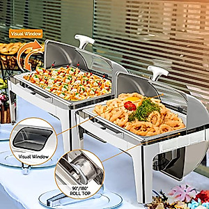 ROVSUN 9 QT Stainless Steel Chafing Dish Buffet Set with Electric & Fuel Heating,Roll Top Catering Chafer Server with Full Size & 2 Detachable Food Pans, Glass Lid for Party Wedding Banquet
