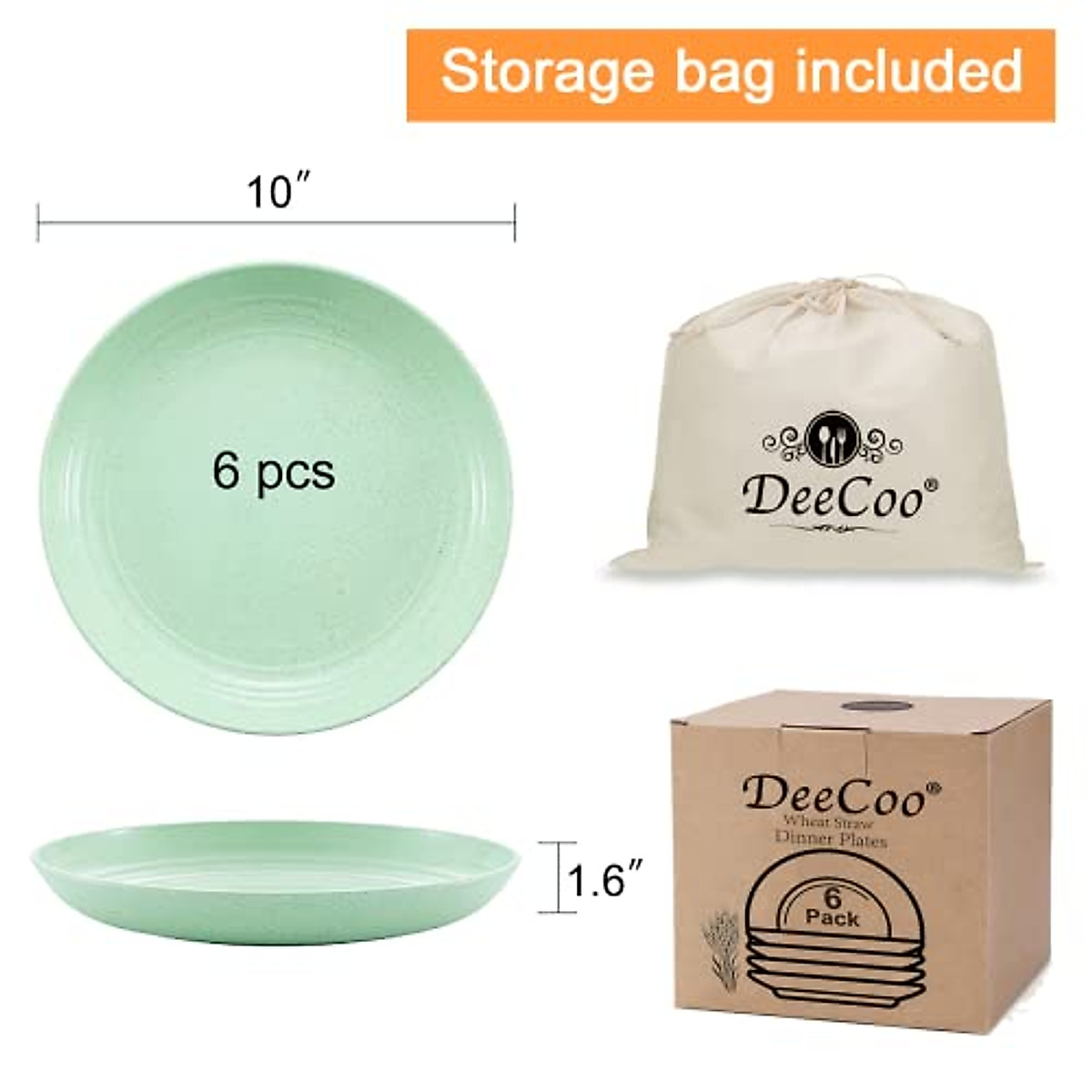 DeeCoo 10 Inch Wheat Straw Deep Dinner Plates - Microwave and Dishwasher Safe, Unbreakable Sturdy Plastic Dinner Plates - Set of 6 - Healthy Cereal Dishes/Kids-toddler & Adult