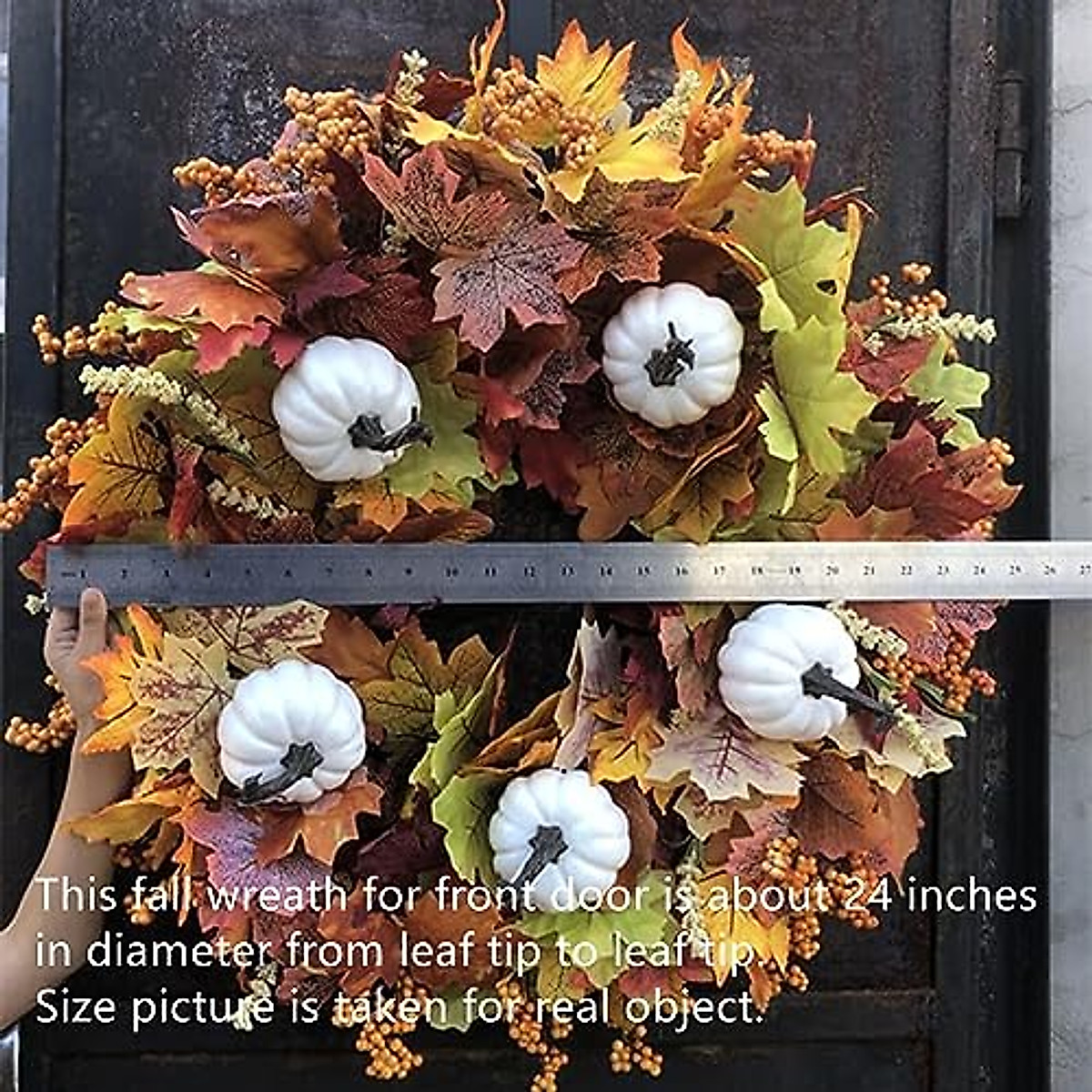 Easy Fine Fall Wreaths for Front Door 24 Inch,Farmhouse Fall Door Wreath Large,Halloween Wreath,Thanksgiving Decorations,Autumn Wreath,Fall Decor with Fall Leaves White Pumpkins Outdoor Outside