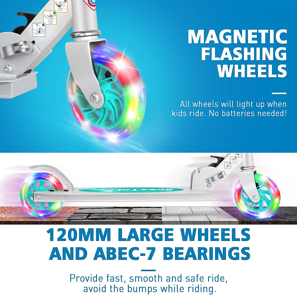 BELEEV V1 Scooters for Kids, 2 Wheel Folding Kick Scooter for Girls Boys, 3 Adjustable Height, Light Up Wheels, Lightweight Push Scooter with Kickstand for Children Ages 3-12 (Aqua)