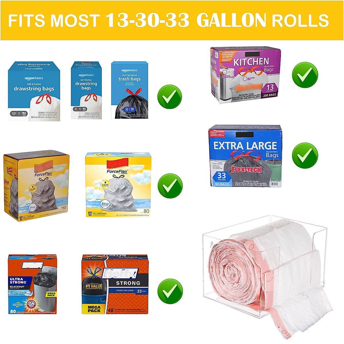 SEANADO Extra Large Trash Bag Dispenser Roll Holder, Wall Mount Acrylic Kitchen Cabinet Organizer Storage Box Holder for Garbage Bag Grocery Plastic Shopping Bag Container (10.4 x 7.5 x 6.3 inches)