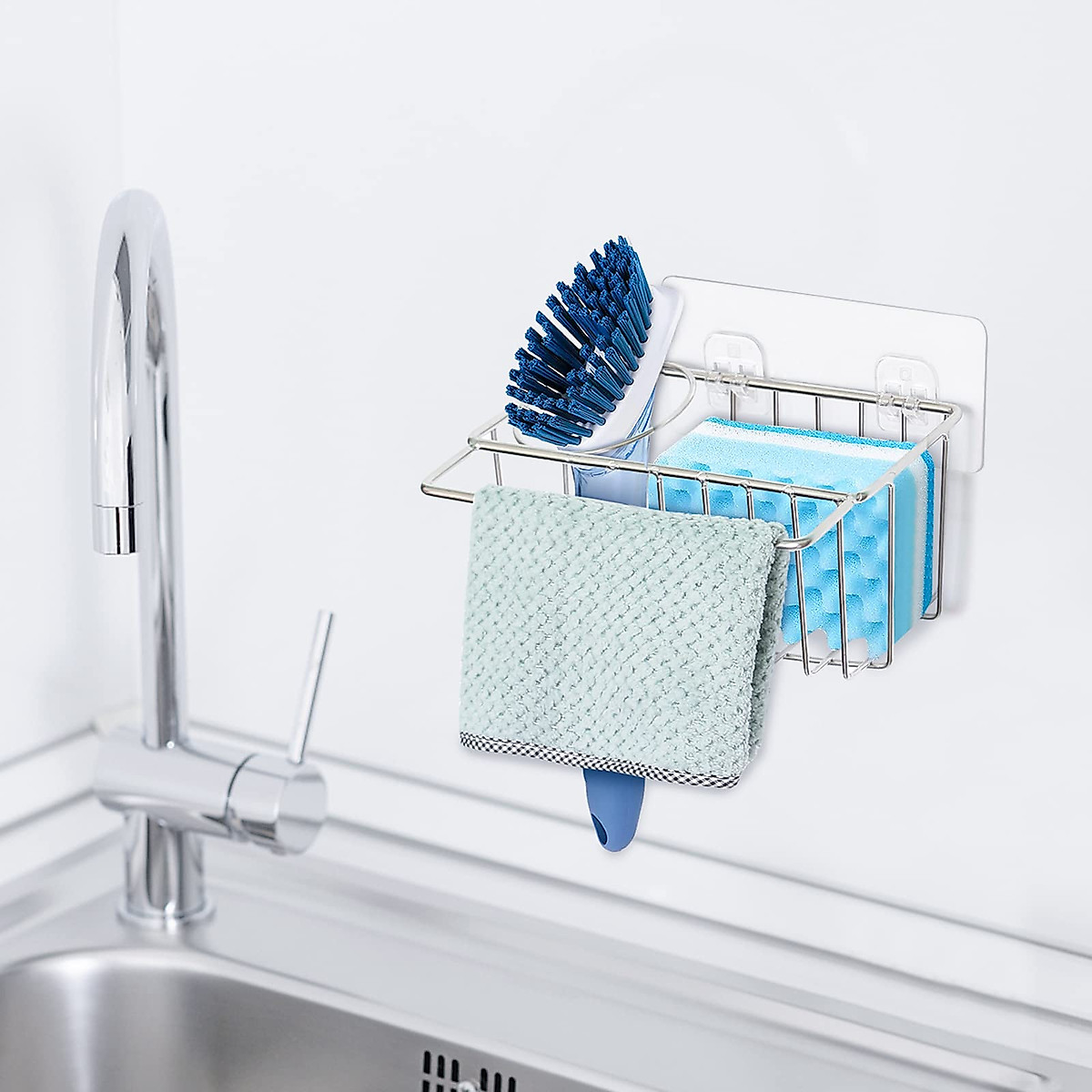 LANIPHIA 3-in-1 Sponge Holder for Kitchen Sink, Stainless Steel Adhesive Sink Caddy, Kitchen Sink Caddy Organizer for Sponge, Brush and Sink Stopper