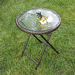 PHI VILLA Outdoor Side Tables-Foldable Patio Rattan Table with Tempered Glass Table Top and High-Strength Thickened Iron Pipe Bracket for Patio Outdoor Sofa and Chair in Garden,1 Pack