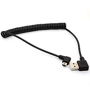 Coiled Mini USB Cable, 90 Degree Spring USB 2.0 to Mini USB Cable Cord, Right Angle Charging and Sygn Mini USB Adapter Lead