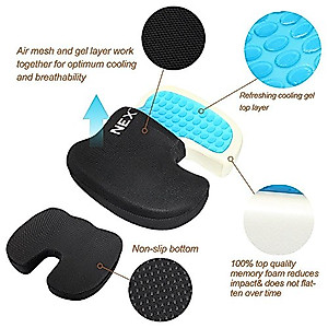 NEX Memory Foam Gel Seat Cushion for Office Chair, Comfort Butt Pillow for Tailbone Lower Back Pain Relief, Ergonomic Lower Back Support Work Chair Pad