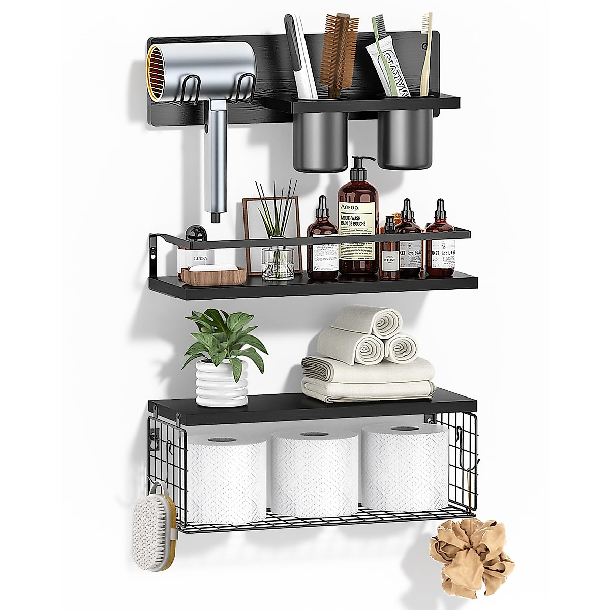 ROPALINS Bathroom Shelves Over Toilet - Floating Shelves Wall Mounted with Storage Basket for Bathroom Decor, Bedroom, Living Room, Kitchen Black