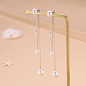 SLUYNZ Sterling Silver Pearls Dangle Earrings Chain for Women Teen Girls Wedding Dangle Earrings Long Tassel (A-Silver)