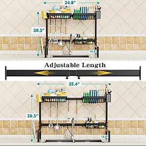 YKLSLH 2 Tiers of Retractable Large Over The Sink Dish Drying Rack with 3 Baskets, for All Sinks (22.8"-39.4"),Adjustable Large Capacity Sink Rack, Iron Drain Rack to Save Space（2 Tiers-3 Baskets）